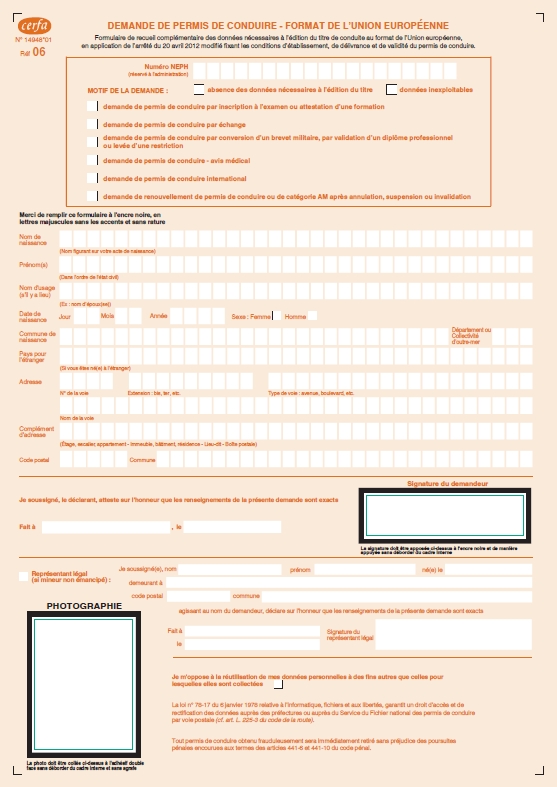 Présentation du Cerfa 06 lors du passage de la pratique